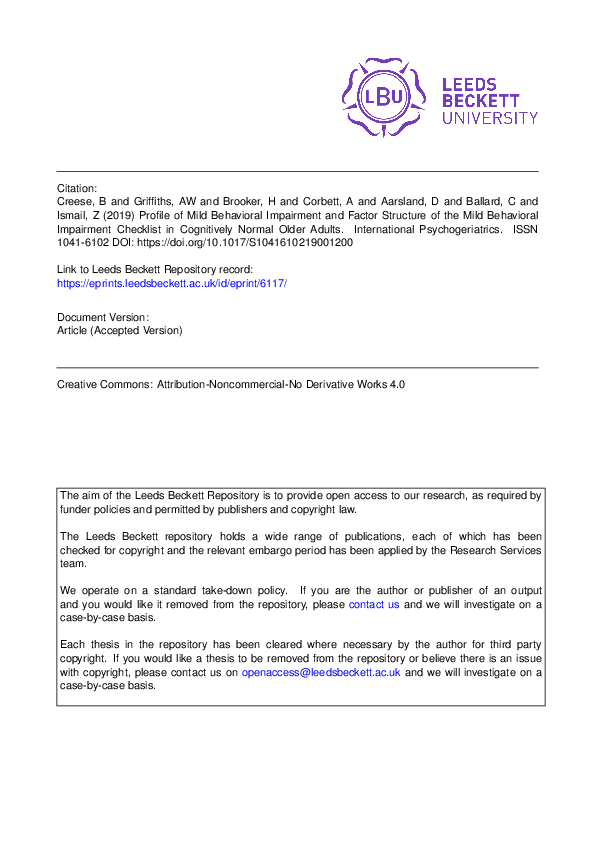 (PDF) Profile of Mild Behavioral Impairment and Factor Structure of the ...