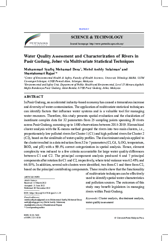 Water Quality Assessment And Characterization Of Rivers In Pasir Gudang Johor Via Multivariate