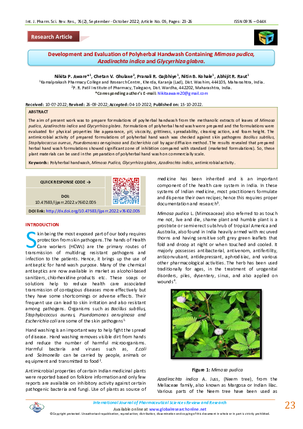 (PDF) Development and Evaluation of Polyherbal Handwash Containing ...