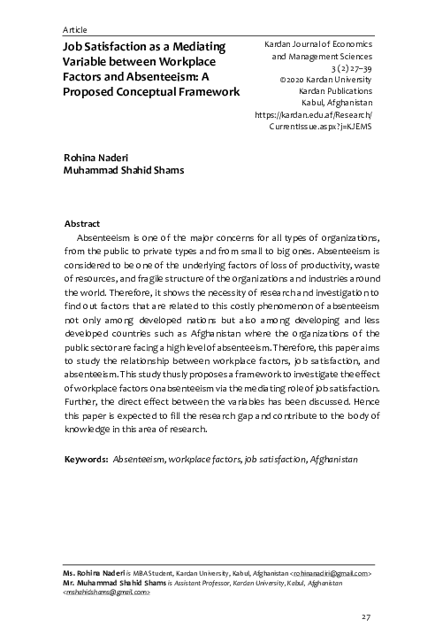 (PDF) Job Satisfaction as a Mediating Variable between Workplace Factors and Absenteeism: A ...