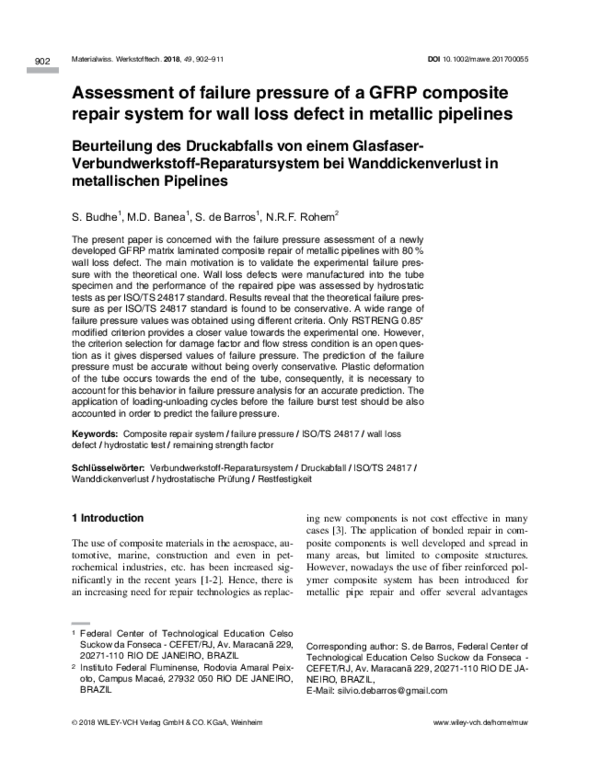 (PDF) Assessment of failure pressure of a GFRP composite repair system ...