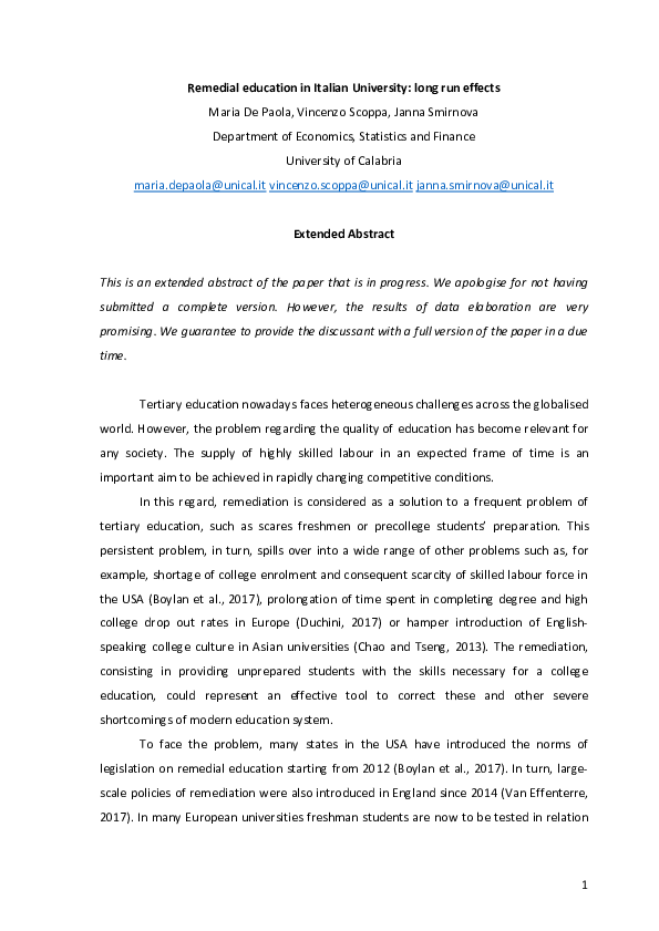 (PDF) Remedial education in Italian University : long run effects