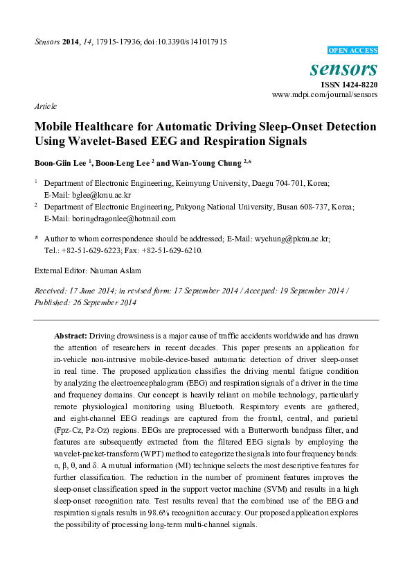 (PDF) Mobile Healthcare for Automatic Driving Sleep-Onset Detection Using Wavelet-Based EEG and ...