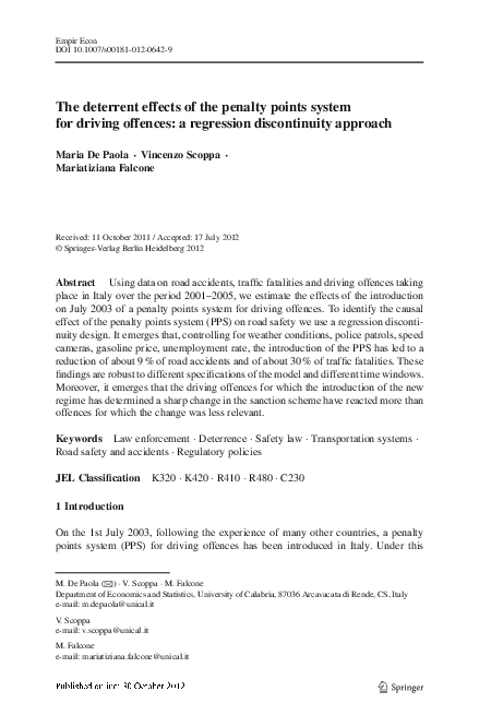 (PDF) The deterrent effects of the penalty points system for driving offences: a regression ...