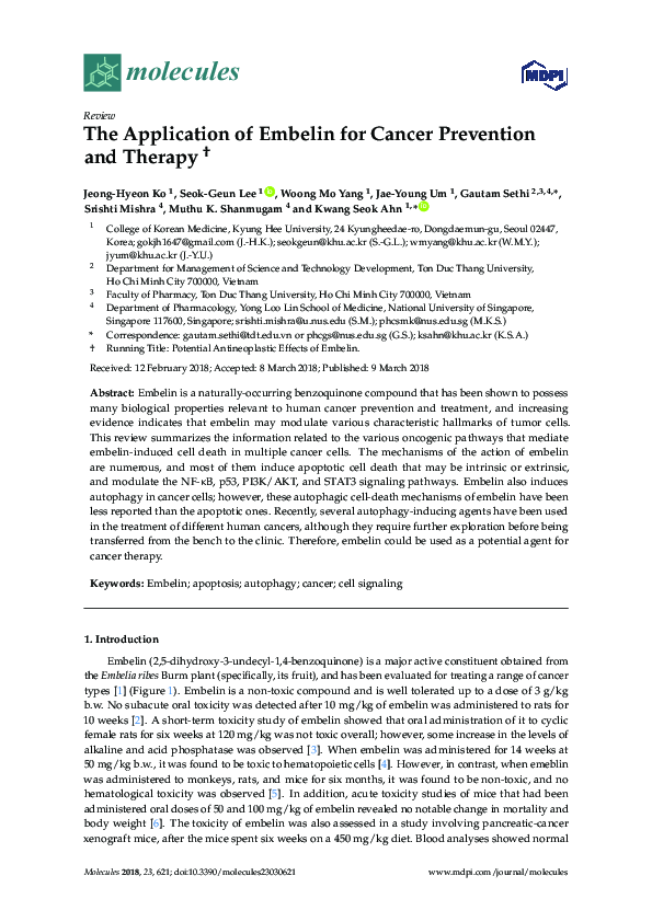 (PDF) The Application of Embelin for Cancer Prevention and Therapy