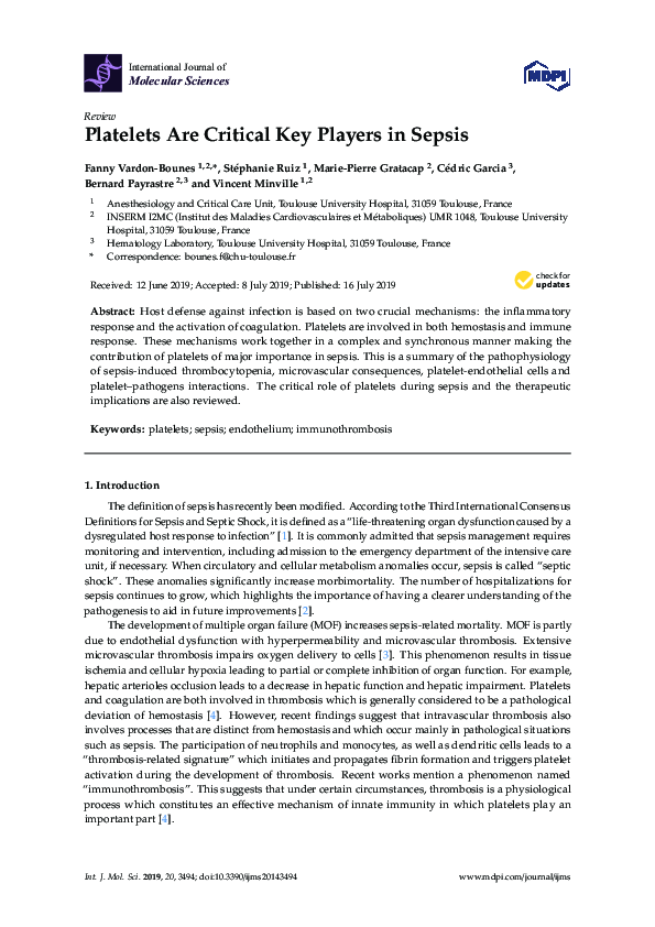 (PDF) Platelets Are Critical Key Players in Sepsis