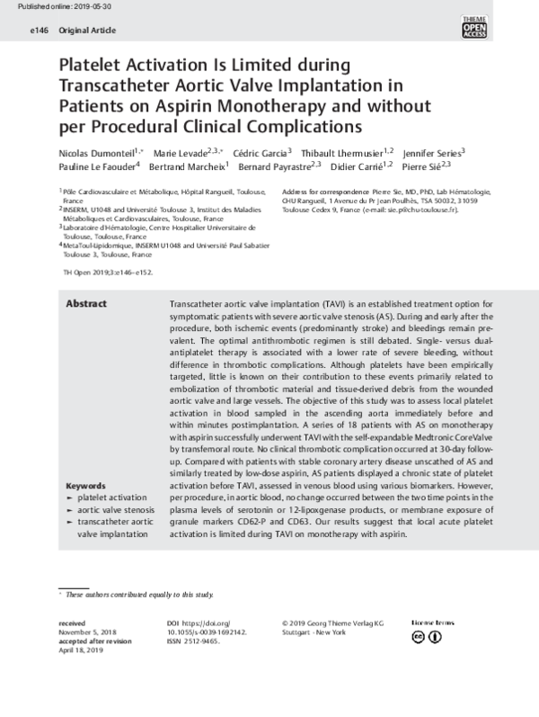 (PDF) Platelet Activation Is Limited during Transcatheter Aortic Valve ...