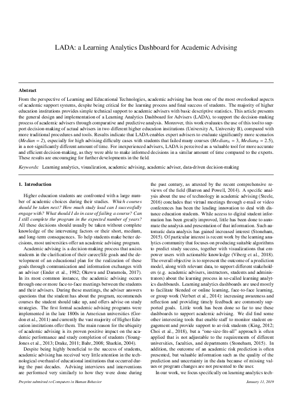 (PDF) LADA: A learning analytics dashboard for academic advising