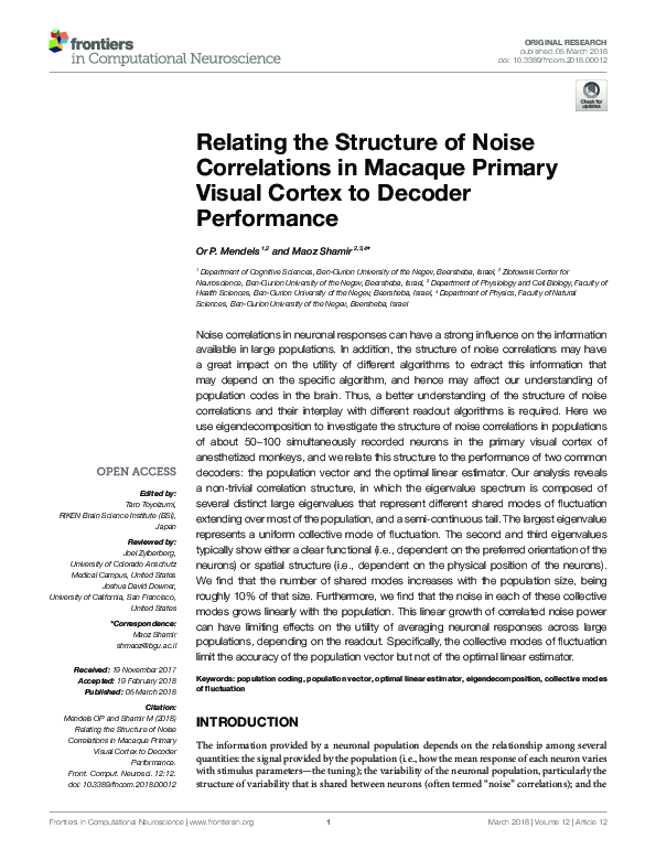 Pdf Relating The Structure Of Noise Correlations In Macaque Primary Visual Cortex To Decoder