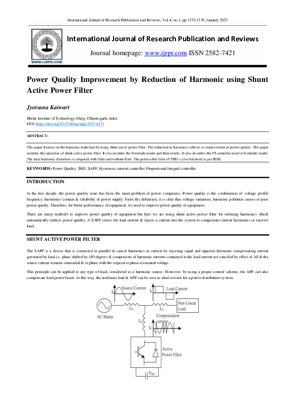 (PDF) Power Quality Improvement by Reduction of Harmonic using Shunt Active Power Filter