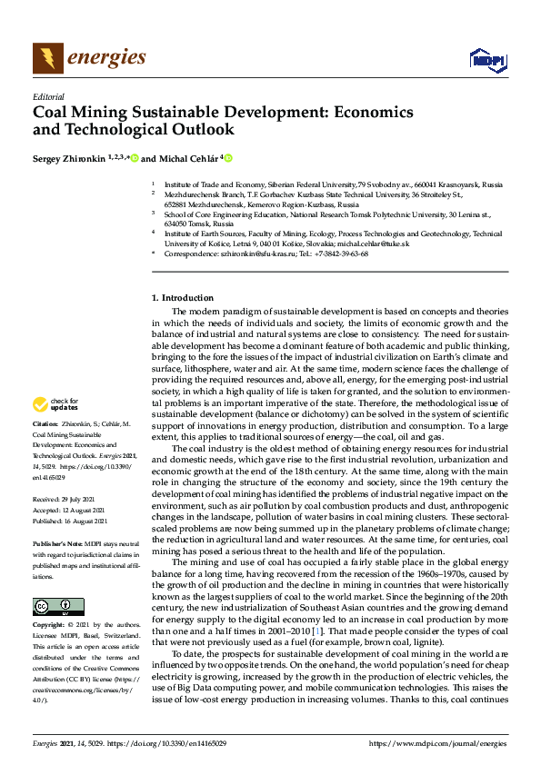 (PDF) Coal Mining Sustainable Development: Economics and Technological Outlook