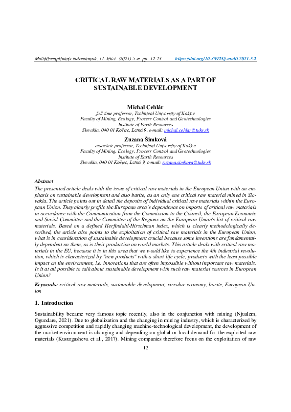 Pdf Critical Raw Materials As A Part Of Sustainable Development
