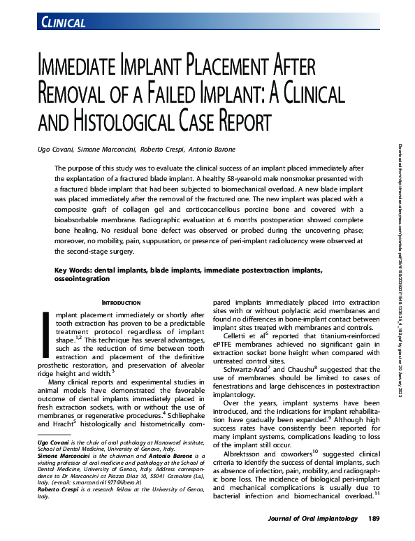 (PDF) Immediate Implant Placement After Removal of a Failed Implant: A Clinical and Histological ...