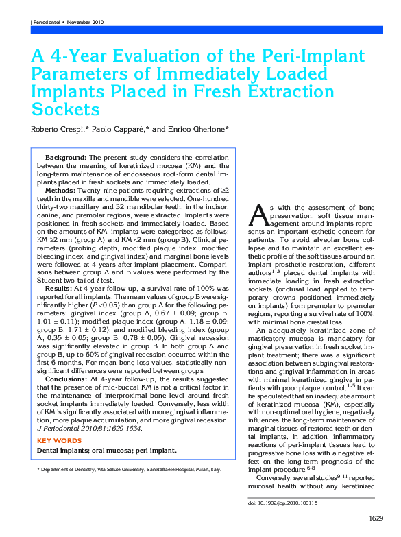 (PDF) A 4-Year Evaluation of the Peri-Implant Parameters of Immediately Loaded Implants Placed ...