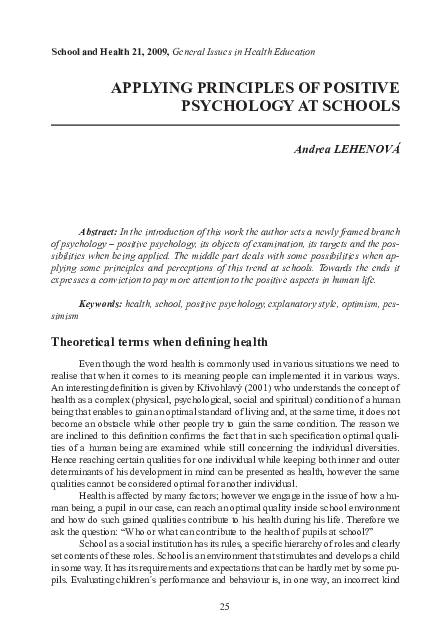 (PDF) Applying Principles of Positive Psychology at Schools