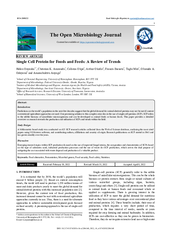 (PDF) Single Cell Protein for Foods and Feeds: A Review of Trends