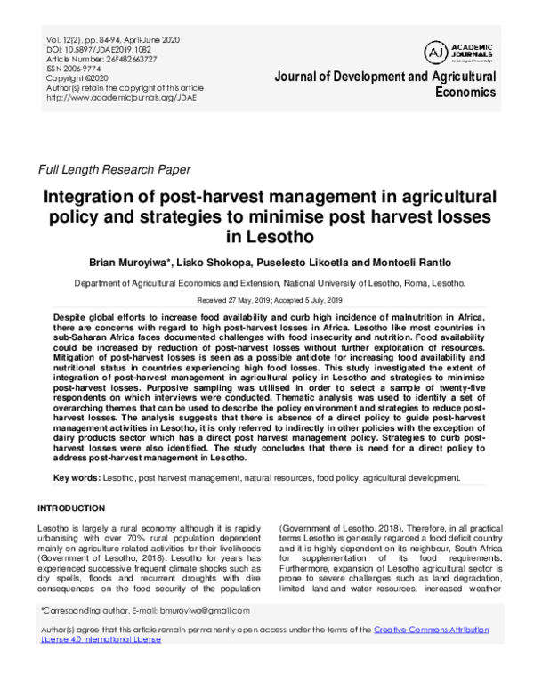 (PDF) Integration of post-harvest management in agricultural policy and ...