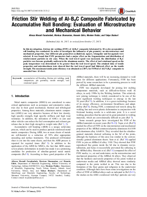 Pdf Friction Stir Welding Of Al B4c Composite Fabricated By Accumulative Roll Bonding
