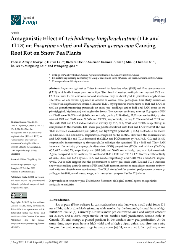 (PDF) Antagonistic Effect of Trichoderma longibrachiatum (TL6 and TL13) on Fusarium solani and ...