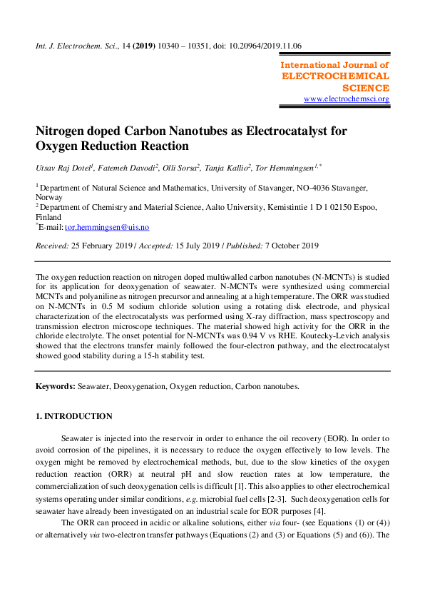 (PDF) Nitrogen doped Carbon Nanotubes as Electrocatalyst for Oxygen Reduction Reaction