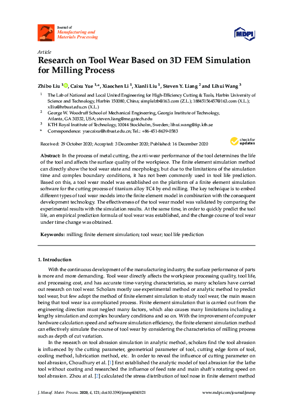 (PDF) Research on Tool Wear Based on 3D FEM Simulation for Milling Process | Xianli Liu ...