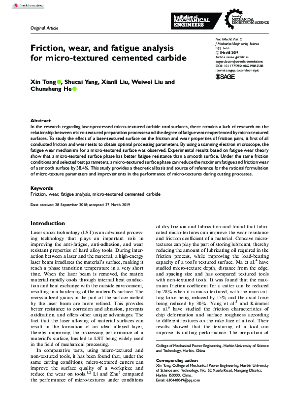 (PDF) Friction, wear, and fatigue analysis for micro-textured cemented ...