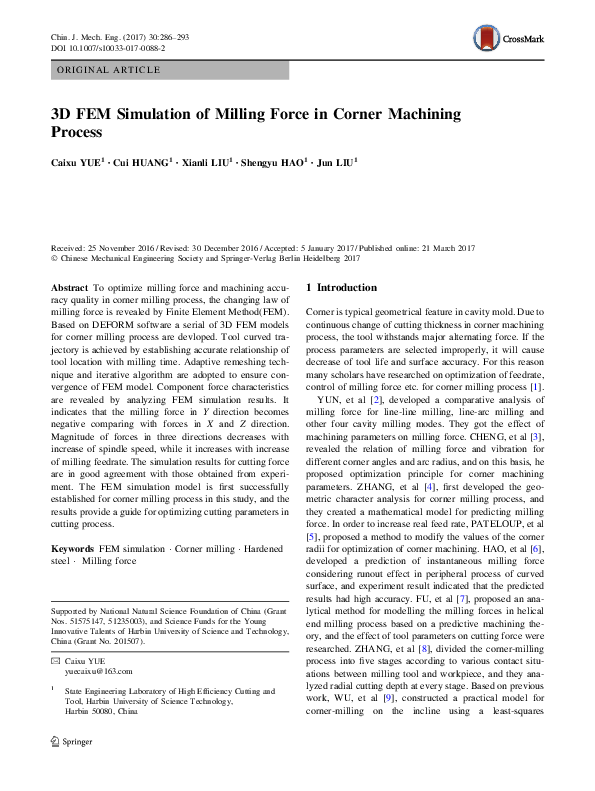 (PDF) 3D FEM Simulation of Milling Force in Corner Machining Process