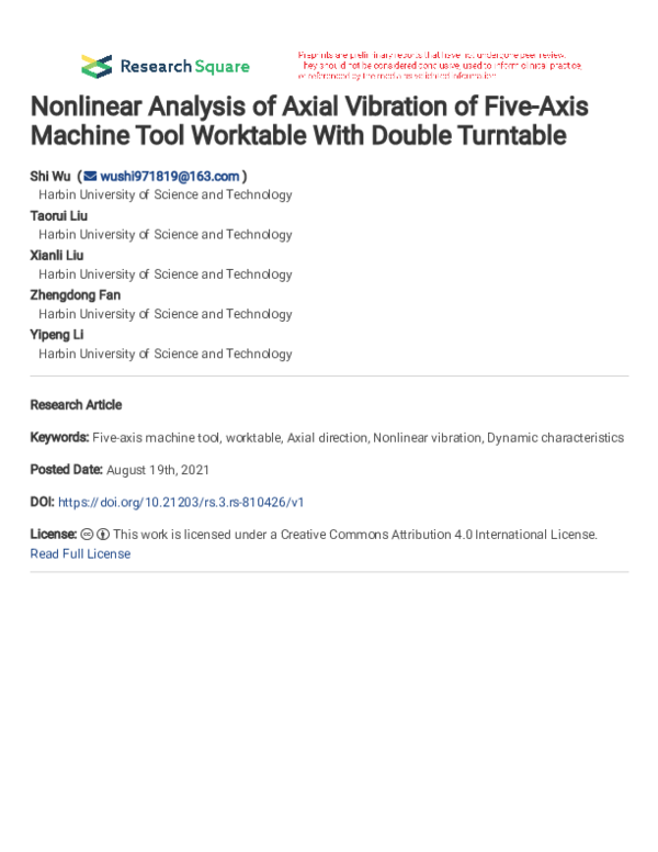 Nonlinear Analysis of Axial Vibration of Five-Axis Machine Tool Worktable With Double Turntable
