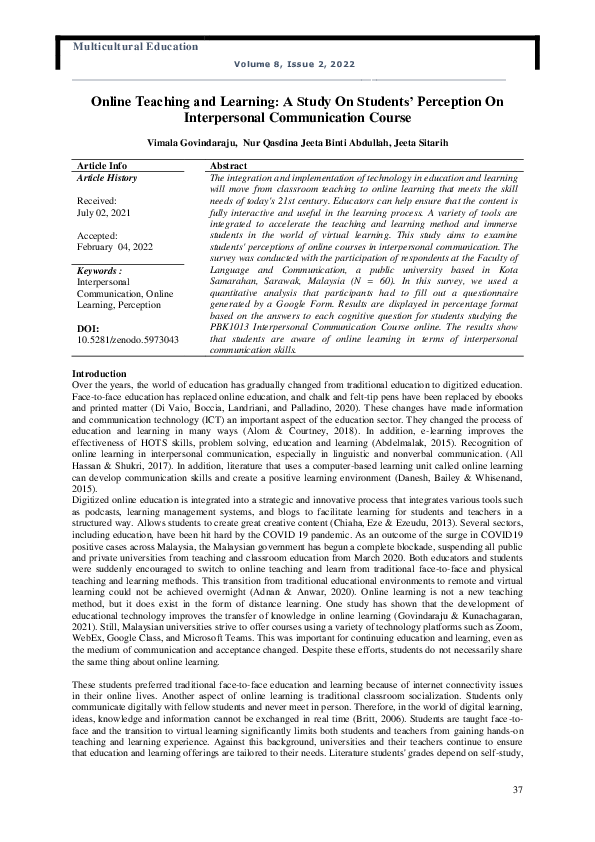 (PDF) Online Teaching and Learning: A Study On Students' Perception On Interpersonal ...