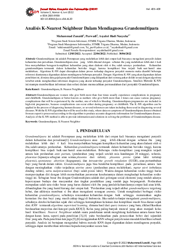 (PDF) Analisis K-Nearest Neighbour Dalam Mendiagnosa Grandemultipara