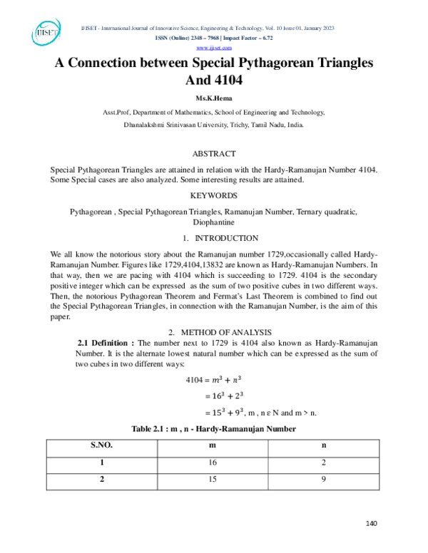 (PDF) A Connection between Special Pythagorean Triangles And 4104