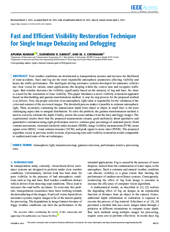 (PDF) Fast and Efficient Visibility Restoration Technique for Single Image Dehazing and Defogging