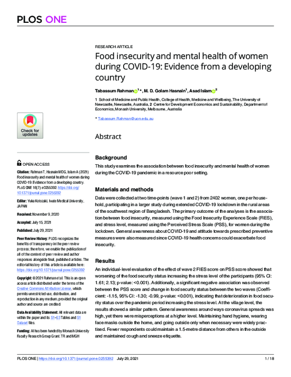 (PDF) Food insecurity and mental health of women during COVID-19 ...