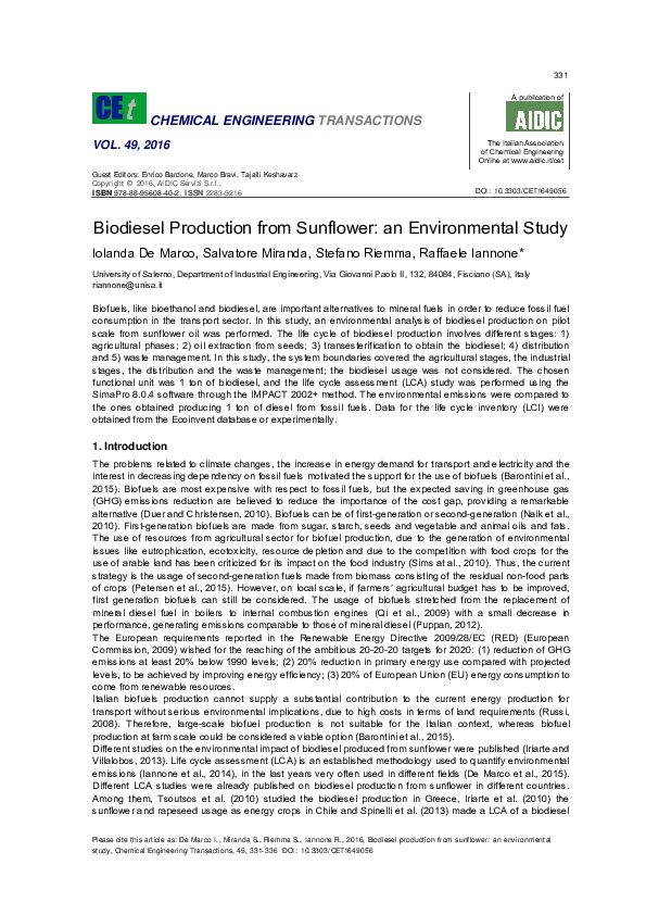 (PDF) Biodiesel production from sunflower: An environmental study