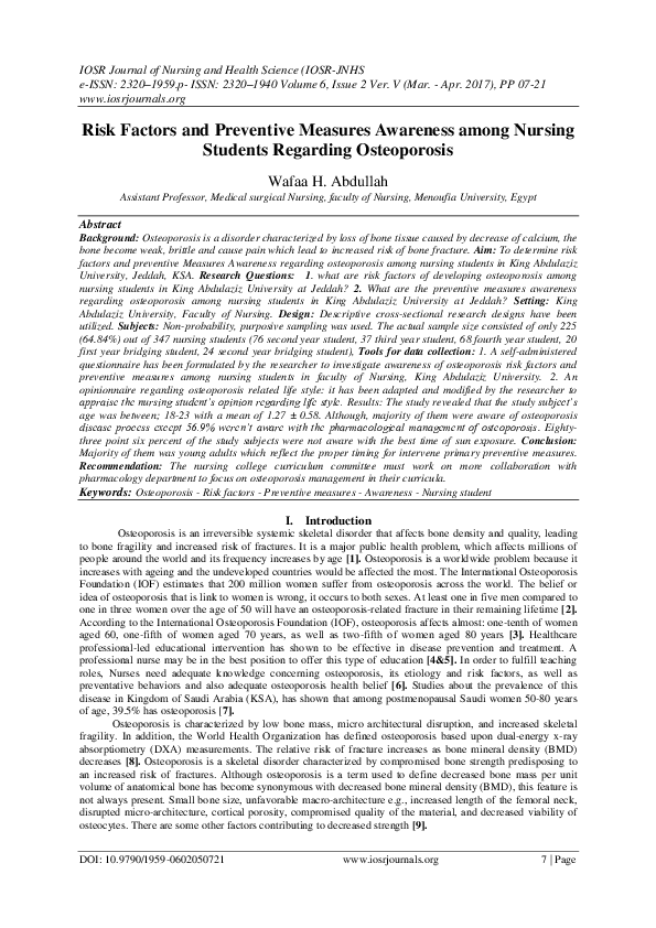 (PDF) Risk Factors and Preventive Measures Awareness among Nursing Students Regarding Osteoporosis