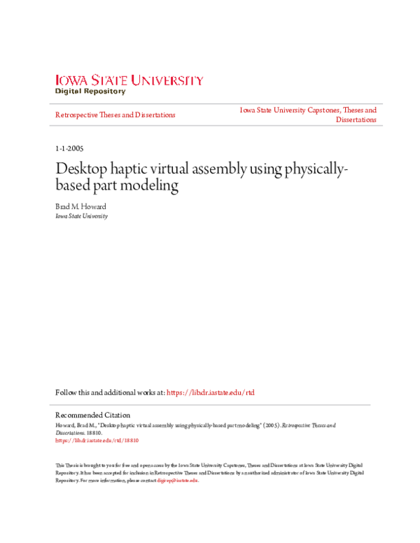 Pdf Desktop Haptic Virtual Assembly Using Physically Based Modelling