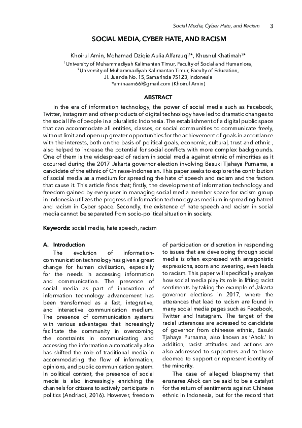 (PDF) Social Media, Cyber Hate, and Racism