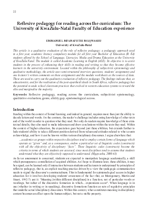 (PDF) Reflexive pedagogy for reading across the curriculum: The ...