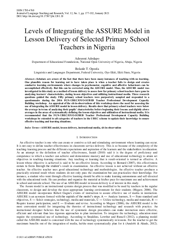 (PDF) Levels of Integrating the ASSURE Model in Lesson Delivery of Selected Primary School ...