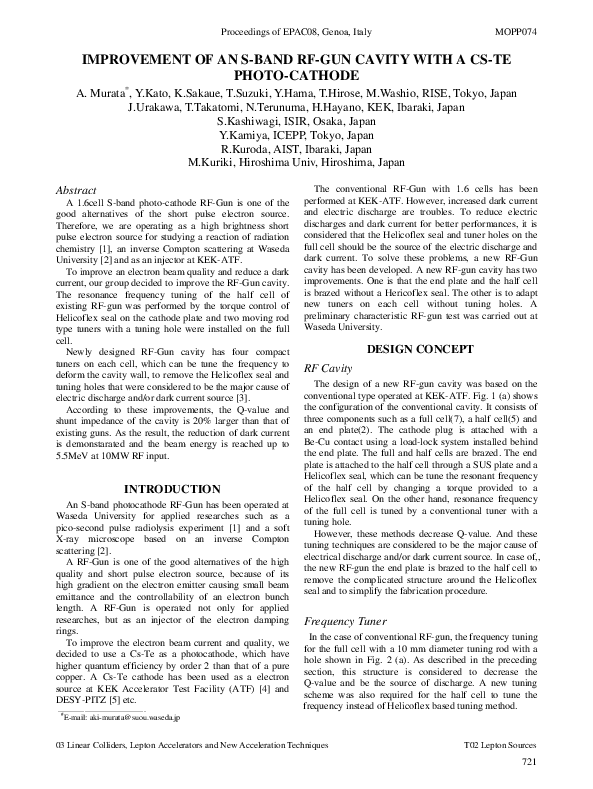 (PDF) Improvement of an S-Band RF-Gun Cavity with a CS-Te Photocathode