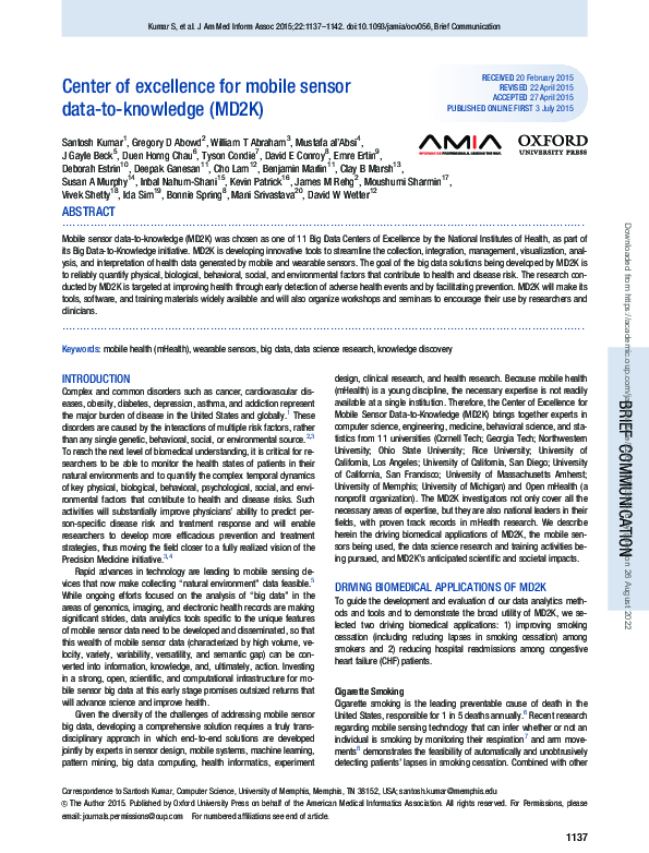 (PDF) Center of excellence for mobile sensor data-to-knowledge (MD2K)