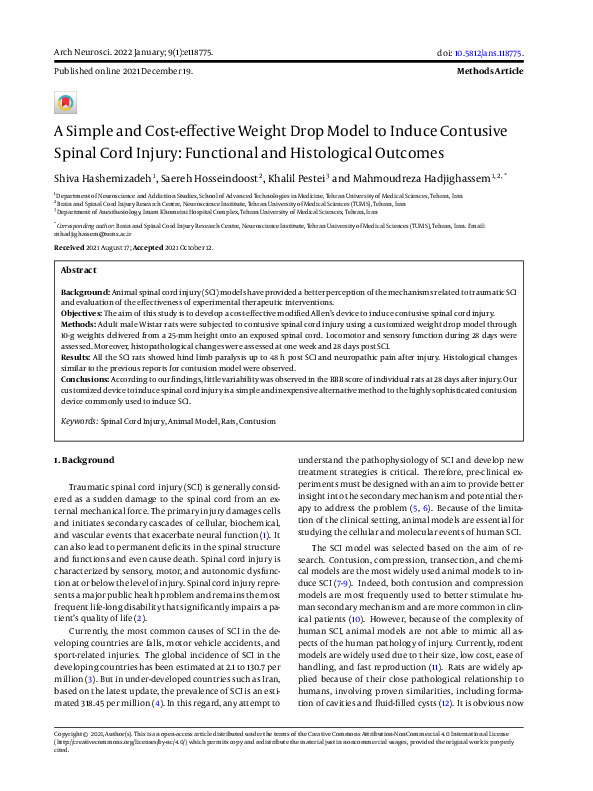 (PDF) A Simple and Cost-effective Weight Drop Model to Induce Contusive ...