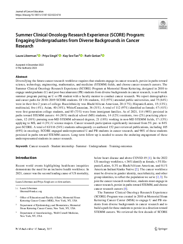 (PDF) Summer Clinical Oncology Research Experience (SCORE) Program ...