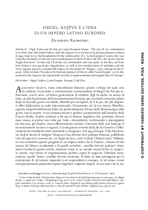 (PDF) Hegel, Kojève e l'idea di un impero latino-europeo