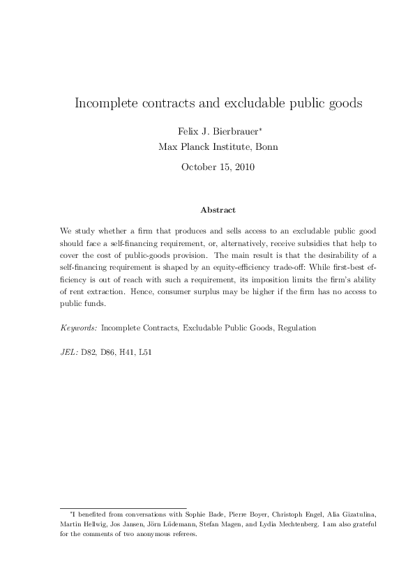 (PDF) Incomplete contracts and excludable public goods