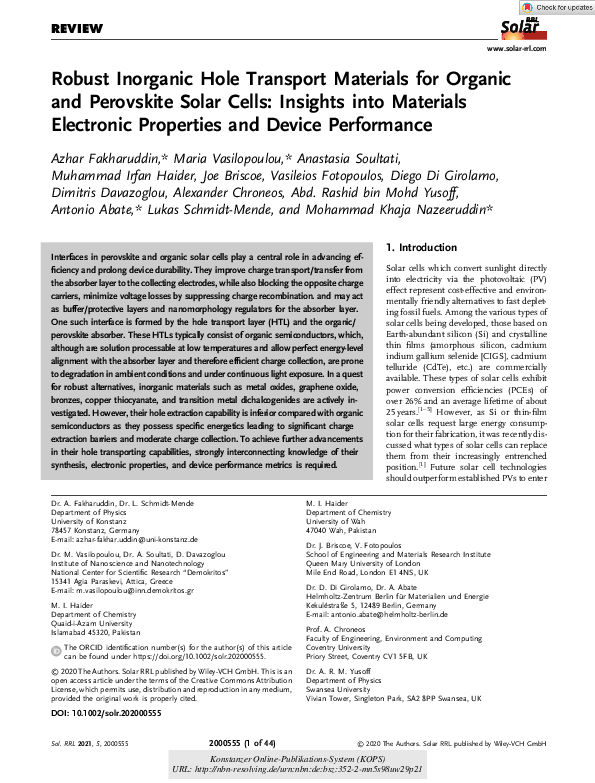 (PDF) Inorganic Hole Transport Materials for Solar Cell Performance
