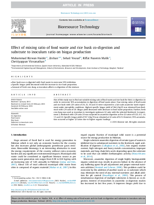 (PDF) Effect of mixing ratio of food waste and rice husk co-digestion ...