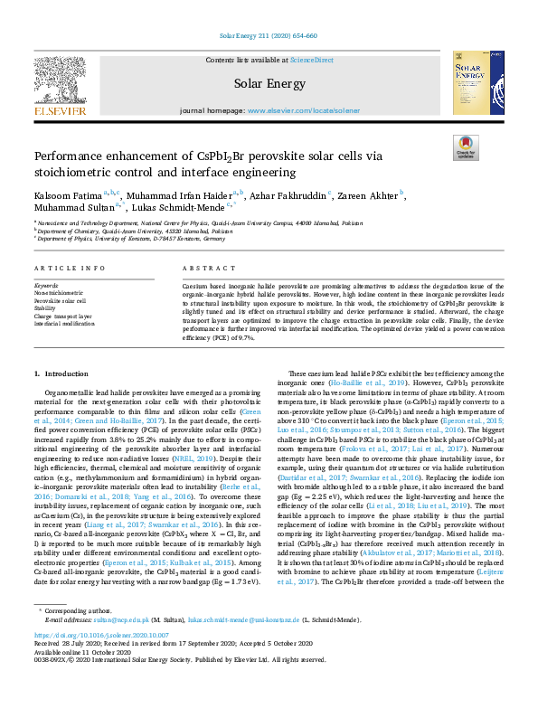 (PDF) Performance enhancement of CsPbI2Br perovskite solar cells via stoichiometric control and ...