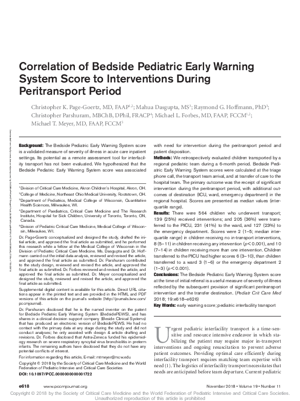 (PDF) Pediatric Early Warning Score and Transport Interventions