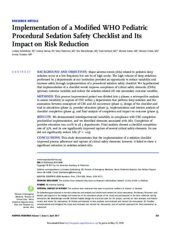 (PDF) Implementation of a Modified WHO Pediatric Procedural Sedation ...